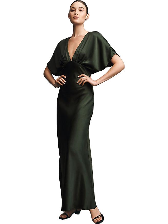 BHLDN Amelia Deep-V Flutter-Sleeve Satin A-Line Gown